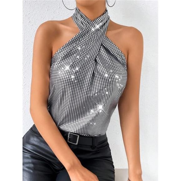 Tops | Glitter Criss Cross Halter Top Silver | Poshmark